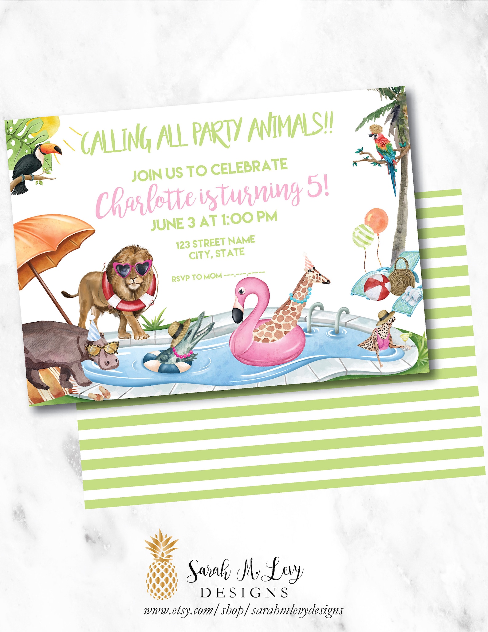Watercolor Party Animal Pool Party Printable Digital Invitation - Etsy
