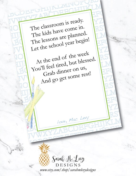 Back to School Teacher Dinner Gift Card for First Day or Week - Etsy