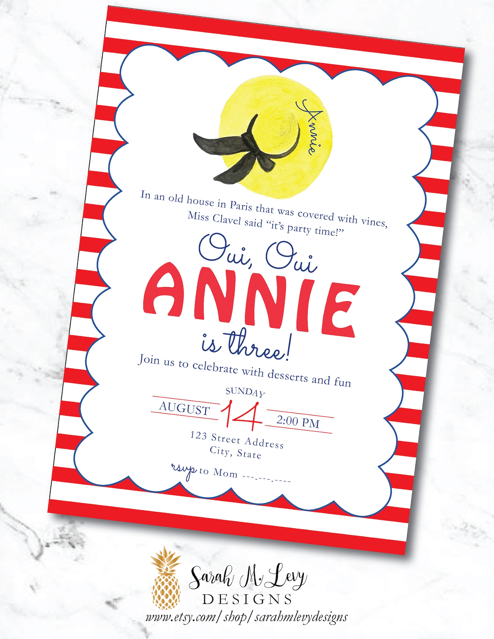 Red Stripe Madeline in Paris Theme Birthday Invitation for Third ...
