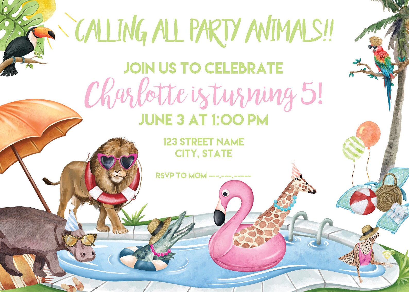 Watercolor Party Animal Pool Party Printable Digital Invitation - Etsy