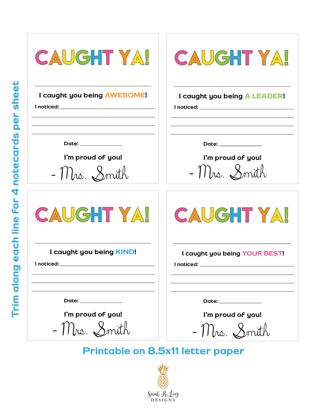 Personalized Teacher Caught Ya Notecards for Kindness Acts - Etsy