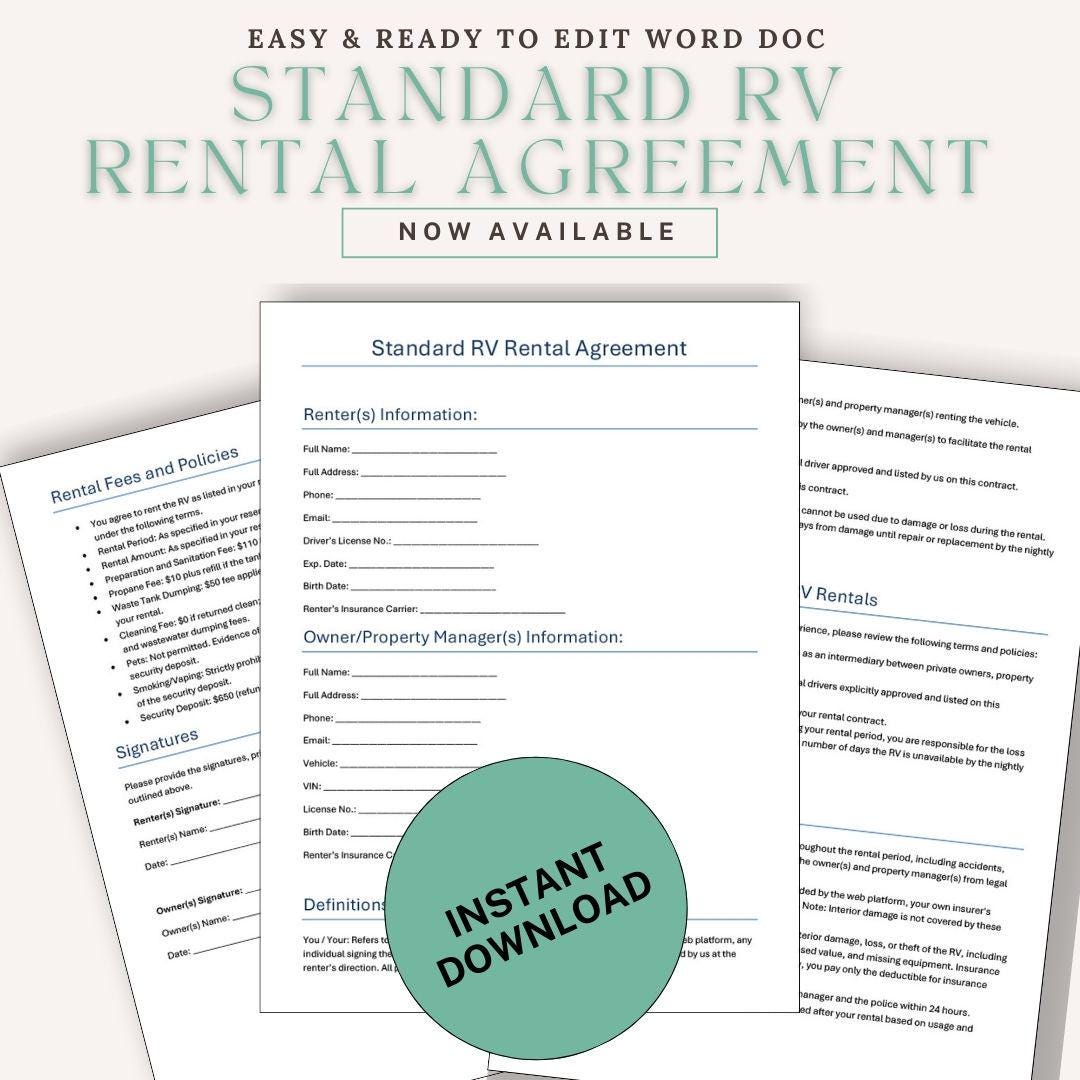 Editable RV Rental Agreement Template: Camper & Motorhome Contract - Etsy