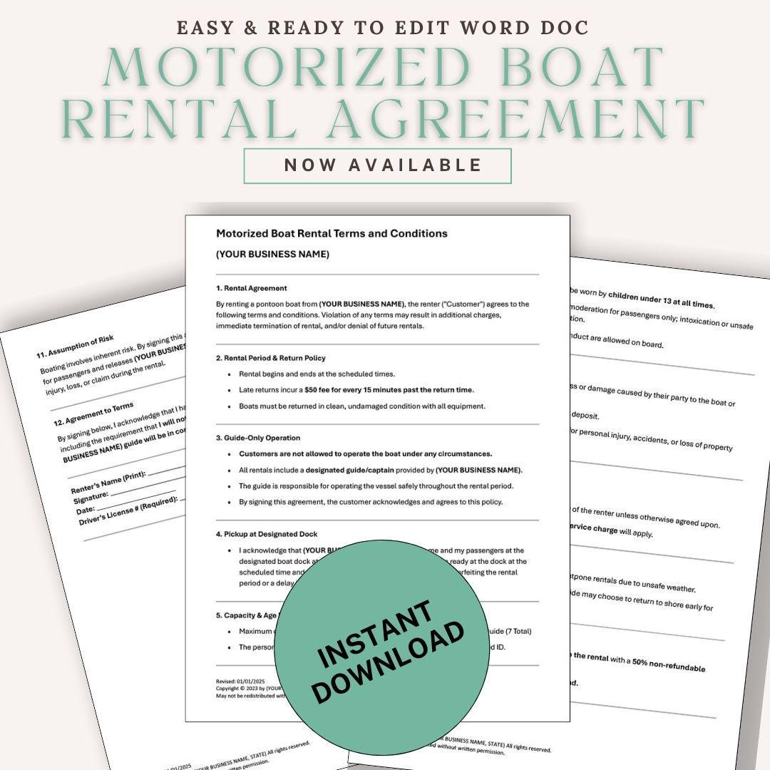 Motorized Boat Rental Agreement Template | Powerboat Contract | Marina ...