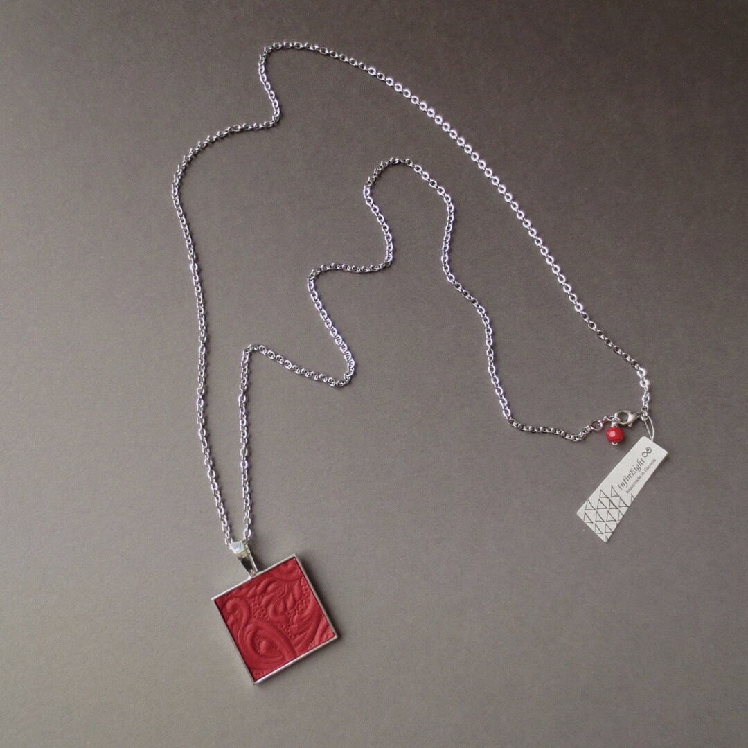 Damask - Long Red & Silver Necklace; Minimalist Geometric Square ...