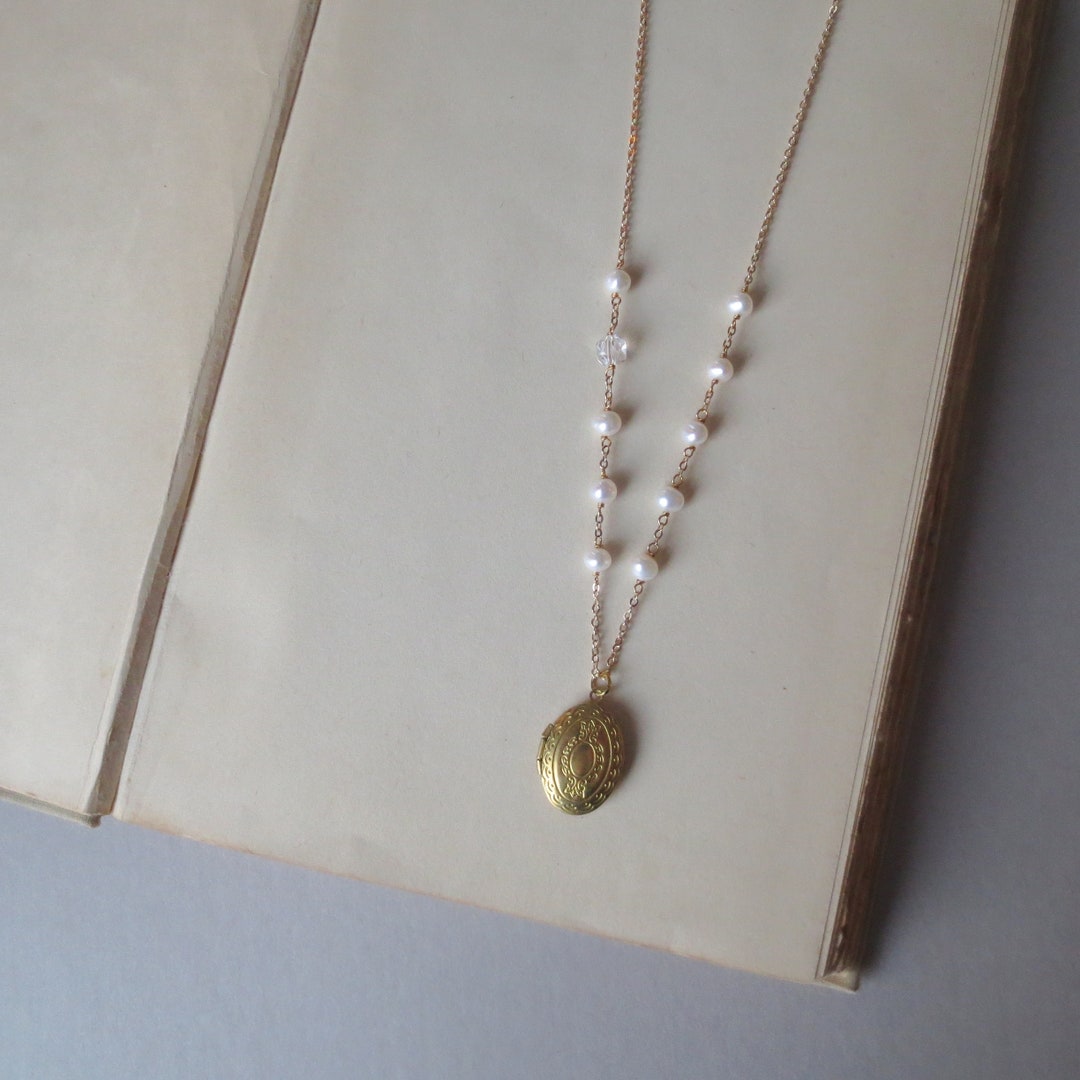 Celeste - Long Freshwater Pearl Swarovski Crystal Gold Tone Oval Locket ...