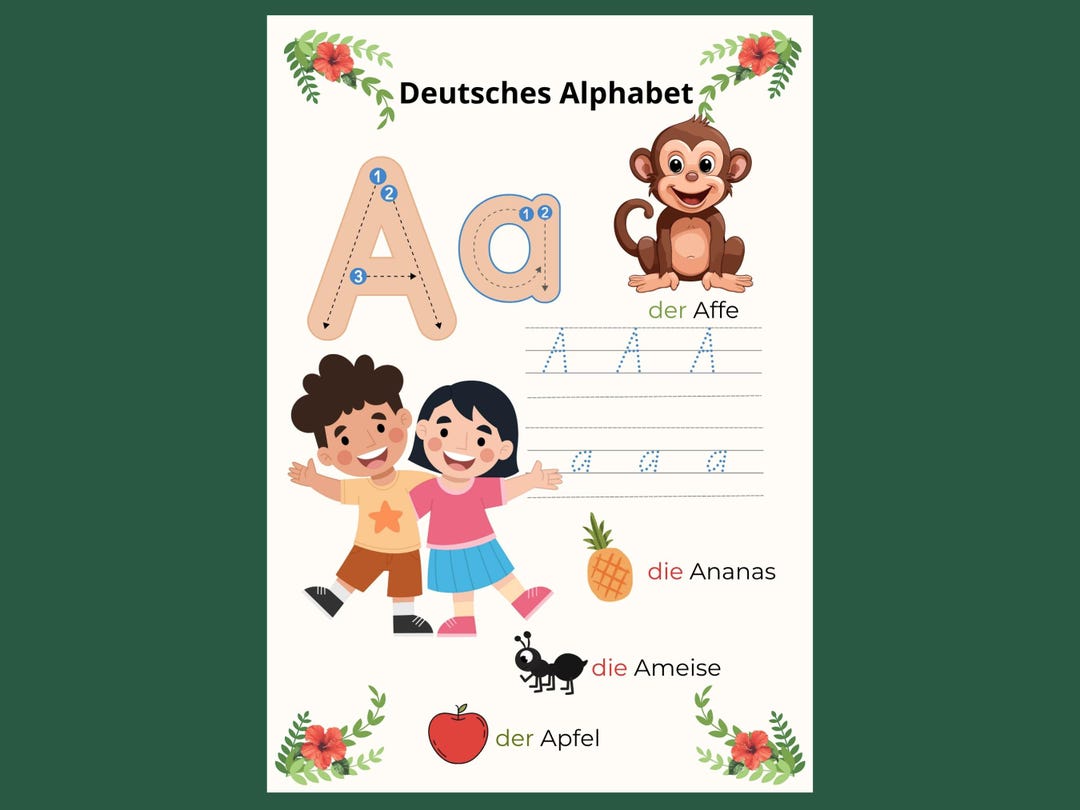 German Alphabet Poster for Kids – A-Z With Animals & Articles (der, Die ...