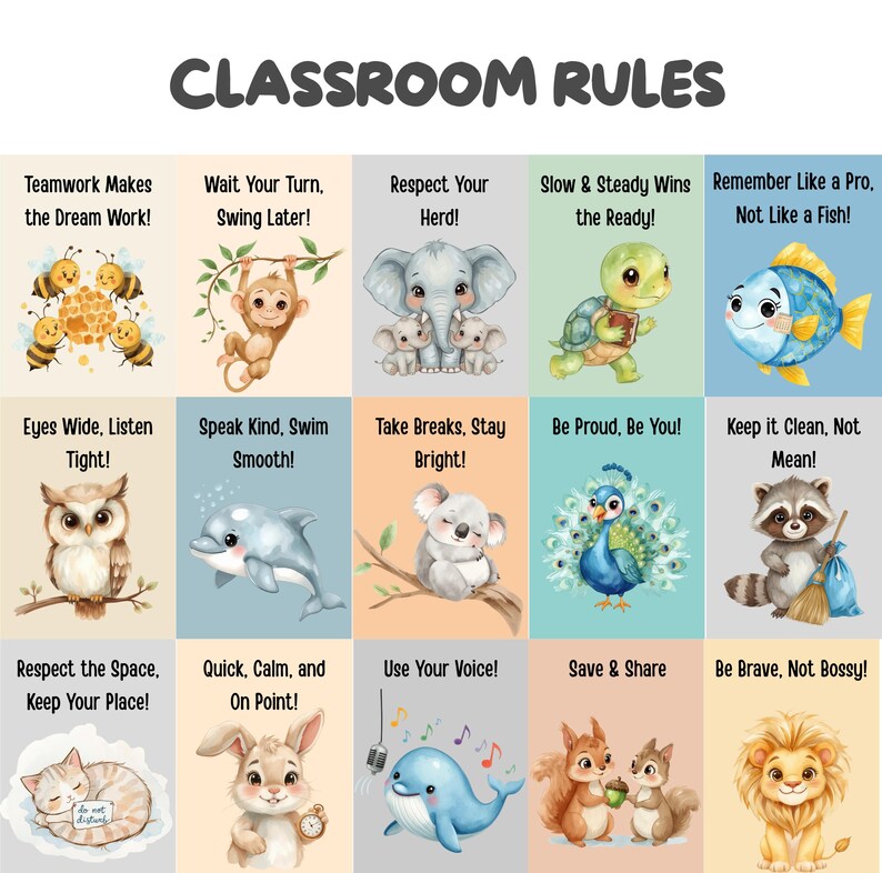 Animal Crew Classroom Rules Posters – Printable Teacher Decor – Cute ...