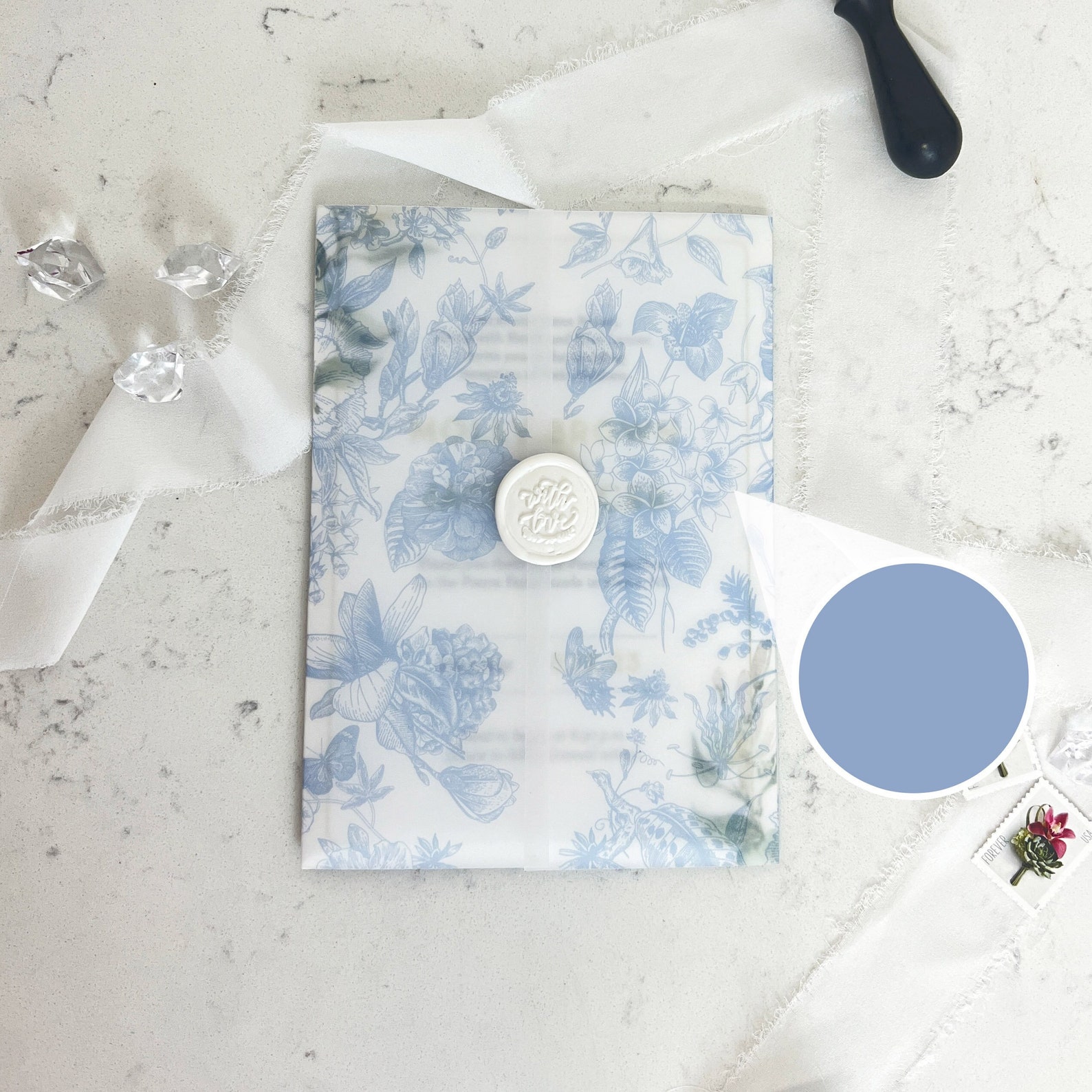 Printable Wedding Vellum Wrap - Dusty Blue Toile | DIY 5x7 Invite ...