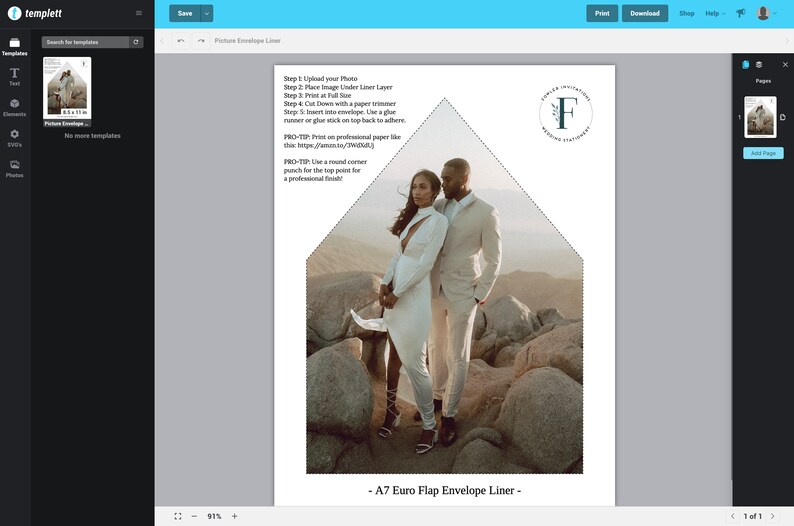 Editable Photo Envelope Liner Printable Template, Engagement Photo A7 ...