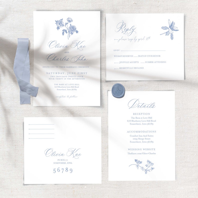Printable Wedding Vellum Wrap Dusty Blue Toile DIY 5x7 - Etsy