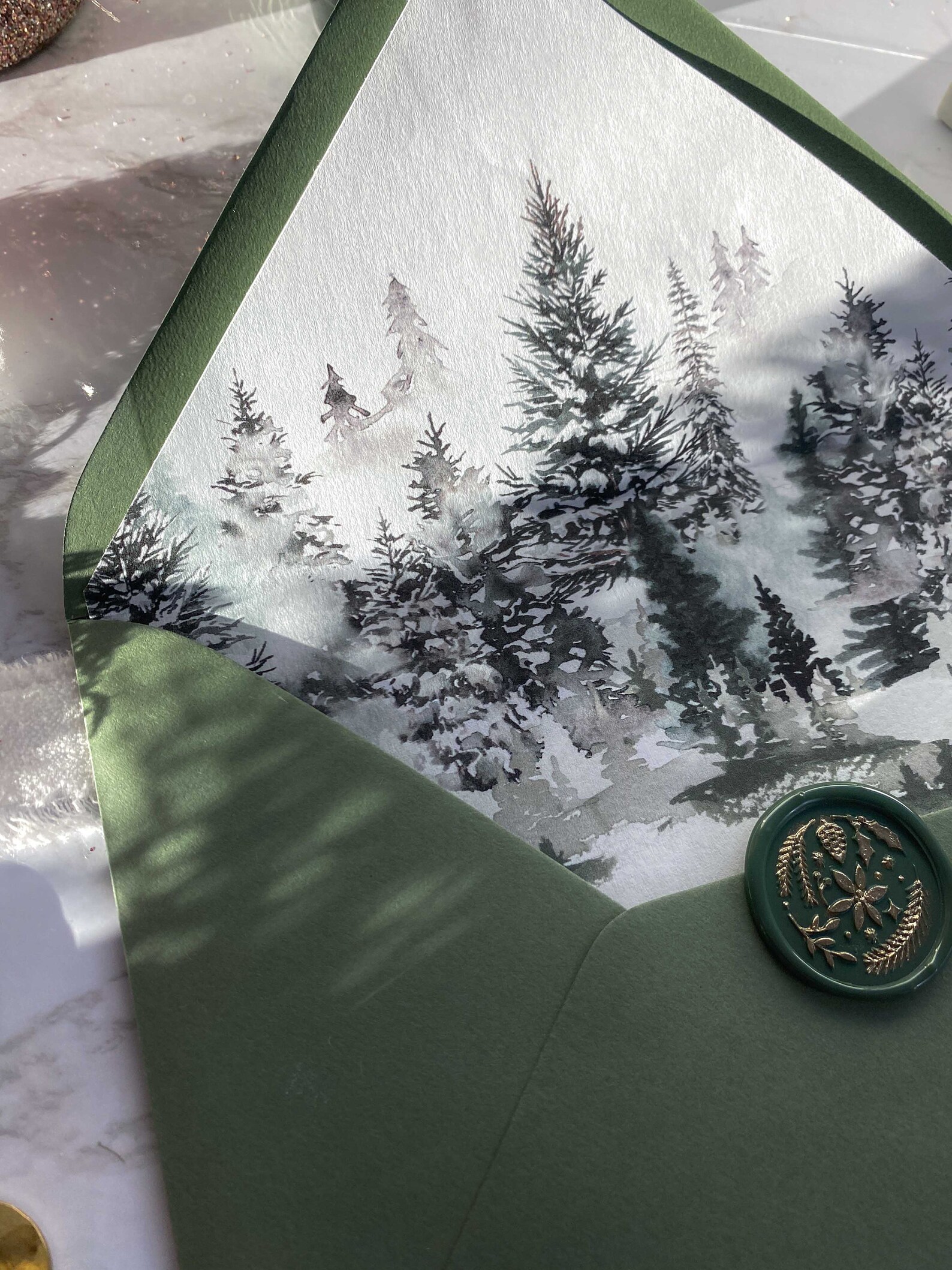 Printable Envelope Liner - Snowy Winter Pine Tree Holiday Card Envelope ...