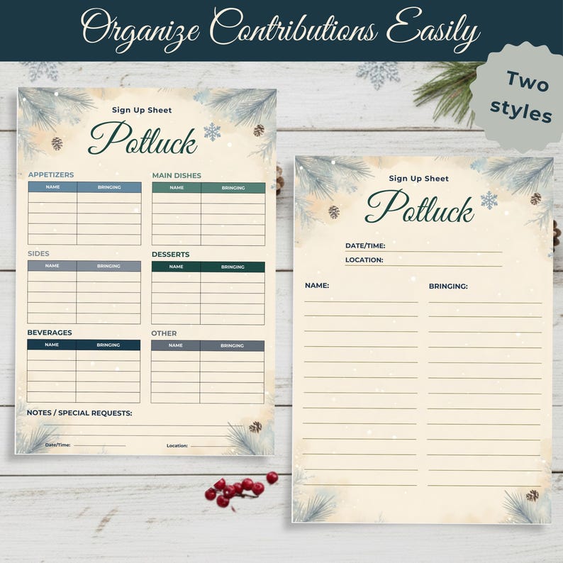 Winter Potluck Sign-up Sheet & Holiday Party Planner | Printable ...