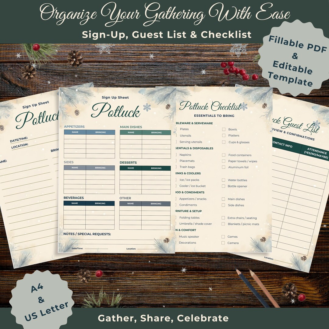 Winter Potluck Planner Kit | Sign-up Sheet, Guest List (printable ...