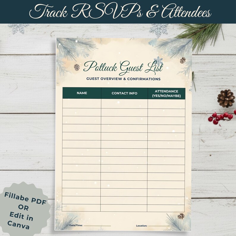 Winter Potluck Sign-up Sheet & Holiday Party Planner | Printable ...