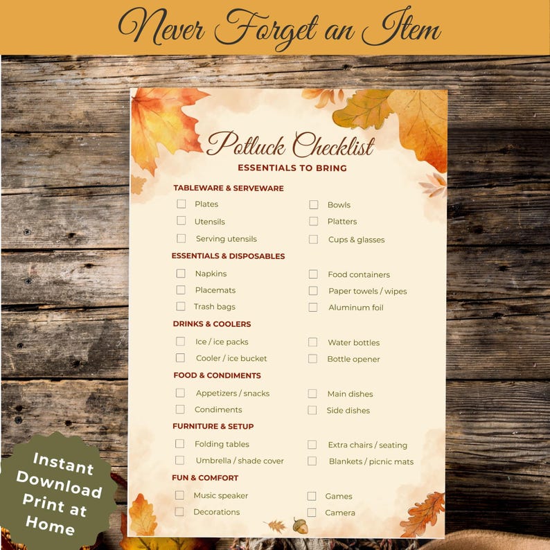 Thanksgiving Potluck Sign-up Sheet, Guest List, Checklist | Fall Party ...