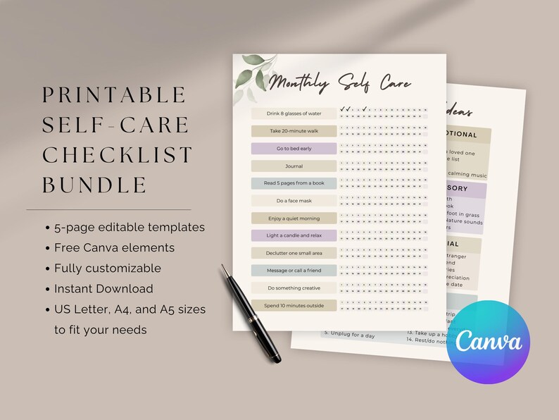 Self Care Checklist Bundle Printable Daily Self Care Planner Self Care ...