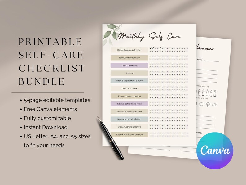 Self Care Checklist Journal Printable Self-care Bingo 30 Day Self Care ...