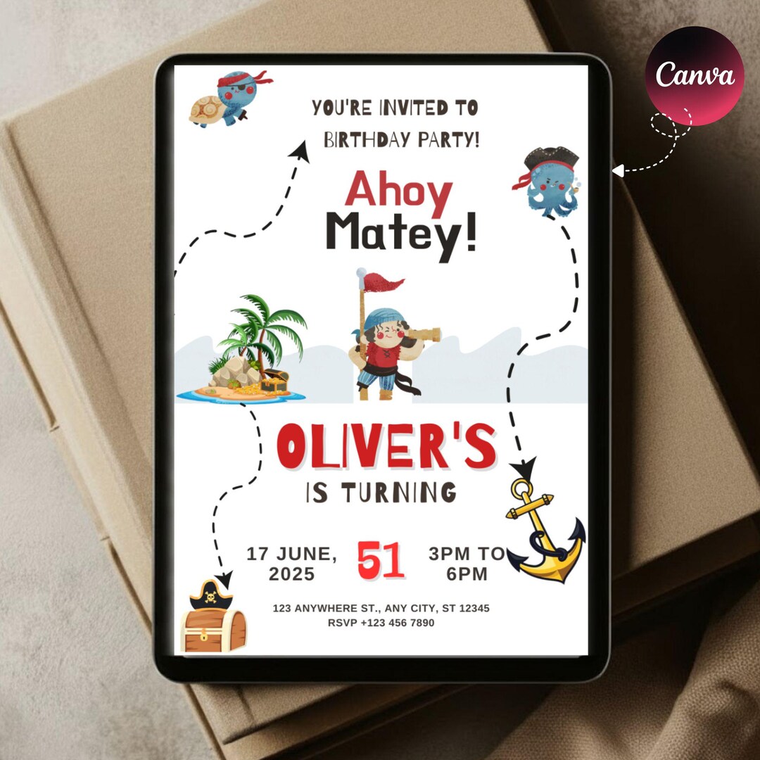 Pirate Birthday Invitation, Ahoy Matey Party (canva Editable Template ...