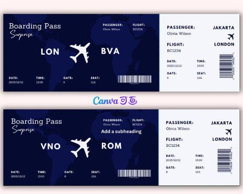 Editable Boarding Pass Canva Template, Printable Airline Ticket ...