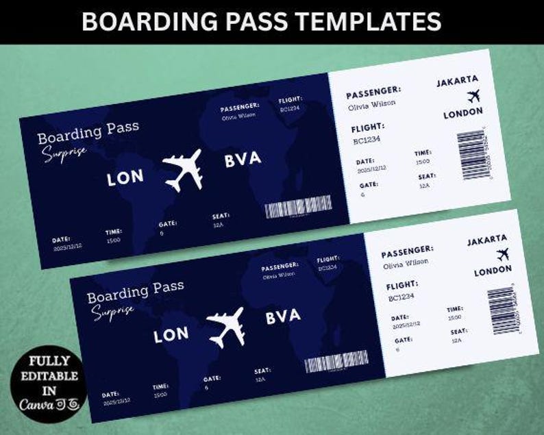 Editable Boarding Pass Canva Template, Printable Airline Ticket ...
