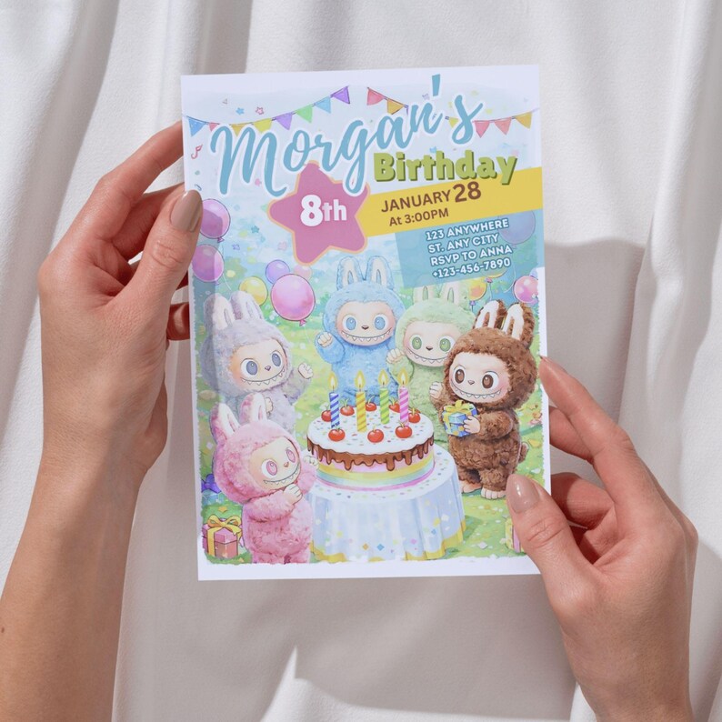 Labubu Birthday Invitation for Kids, Editable Canva Template, Printable ...