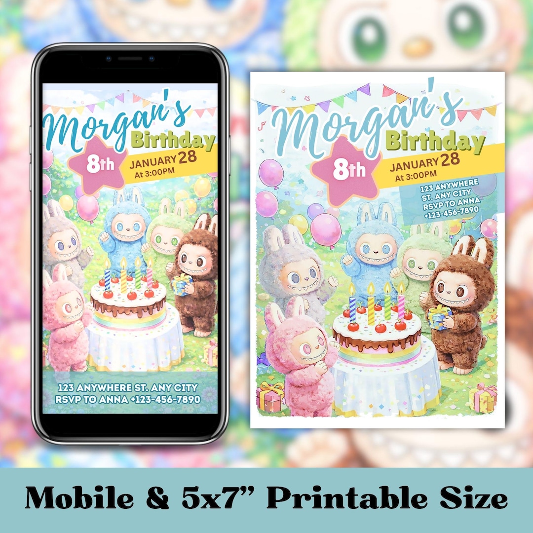 Labubu Birthday Invitation for Kids, Editable Canva Template, Printable ...