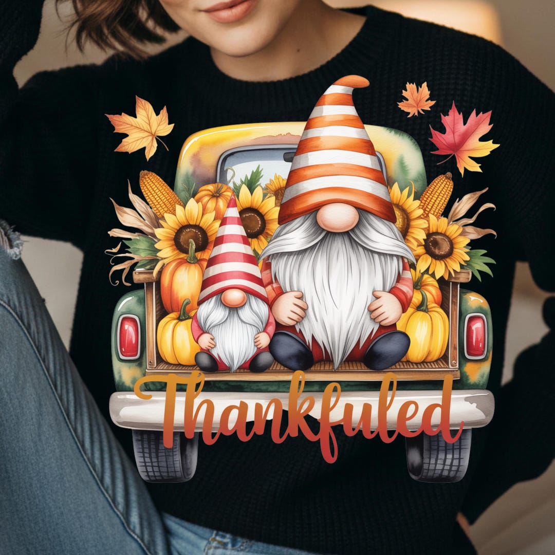 Thankful Gnomes Riding a Vintage Truck Filled With Pumpkins and ...