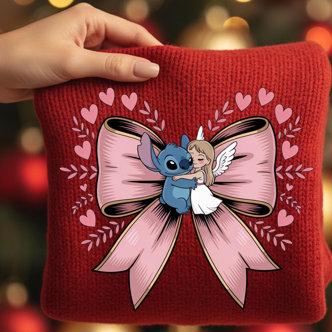 Cute Pink Bow Stitch & Angel PNG – Romantic Pastel Cartoon Couple ...