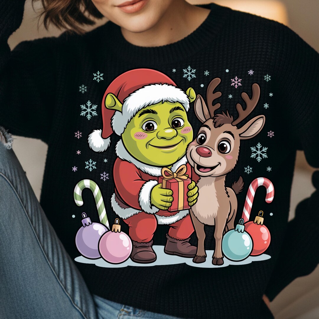Cute Chibi Shrek in Santa Outfit With Mini Donkey Reindeer, Adorable ...