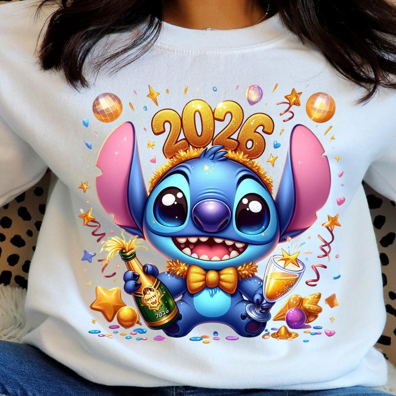 Funny Stitch Happy New Year 2026 PNG | Cute Cartoon Alien Party Clipart ...