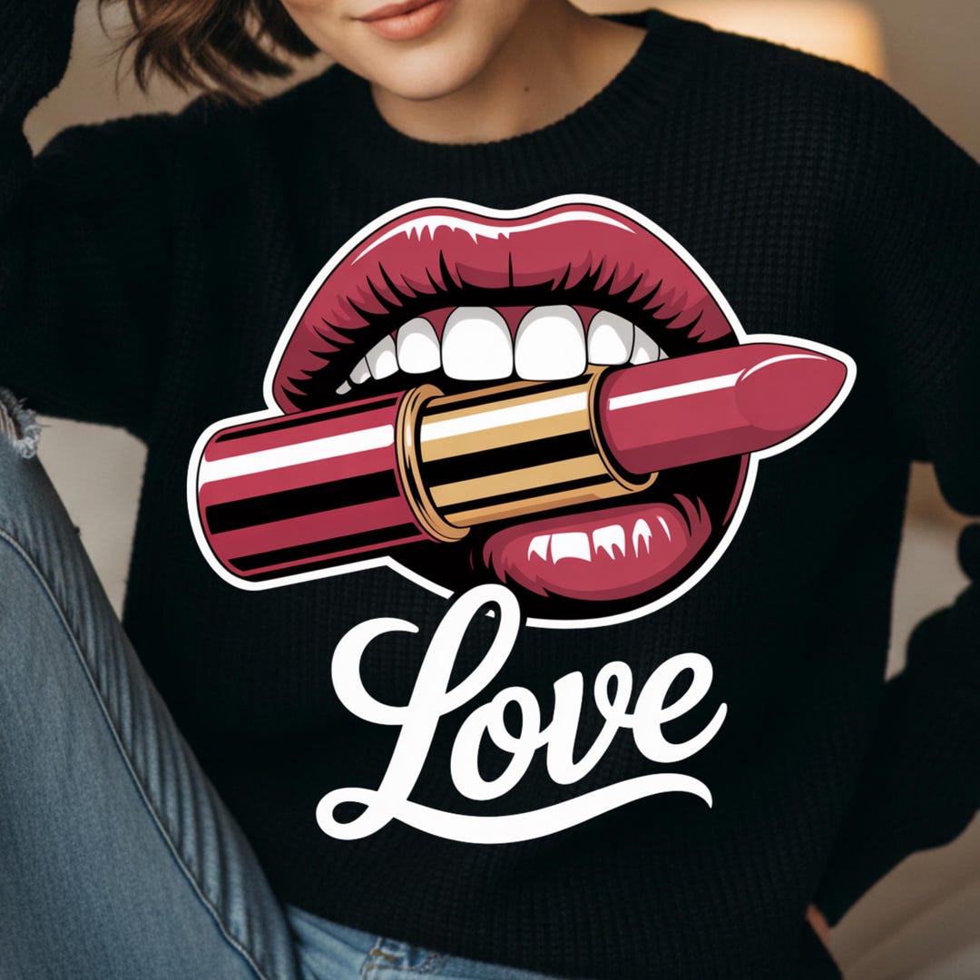 Stylized “LOVE” Graphic Art With Ruby Red Lips, Shimmering Sequins, and ...