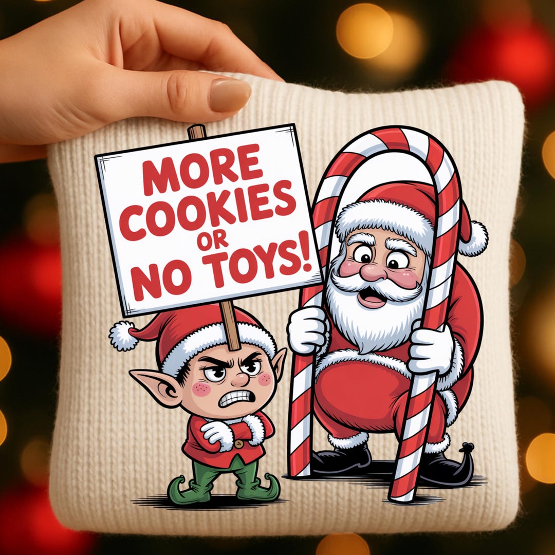 Funny Christmas Elf Protest Art – Cute Grumpy Elf Holding “more Cookies ...