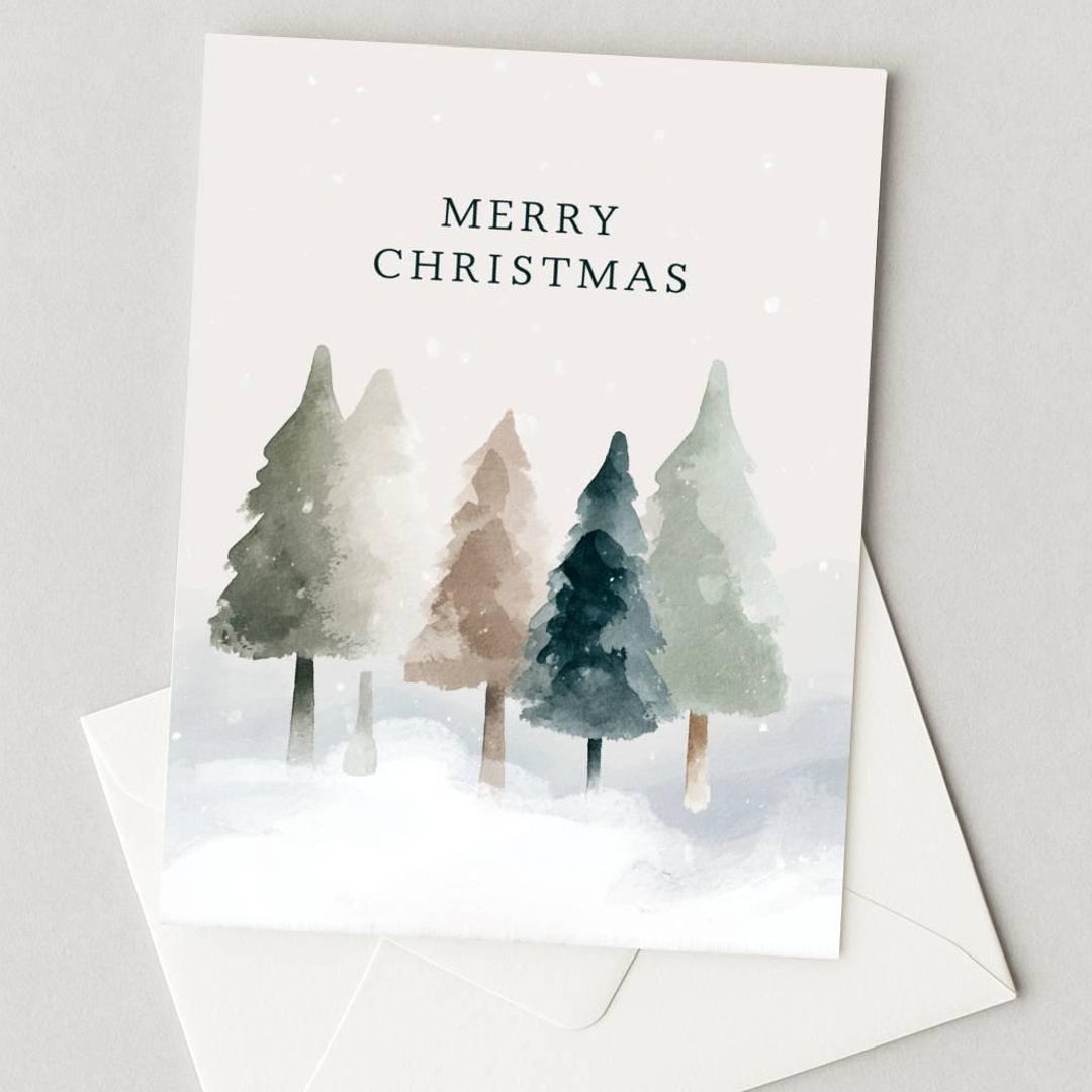 Scandi Christmas Card, Merry Christmas Watercolor Trees, Minimalist ...