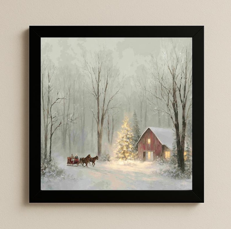 Horse Sleigh Ride Winter Barn Print, Rustic Christmas Wall Art, Snowy ...