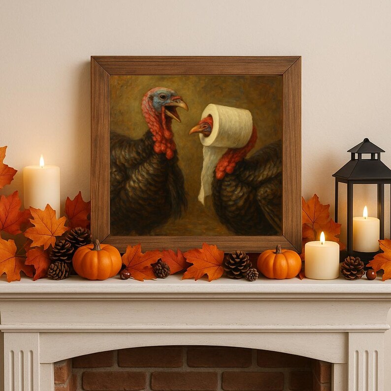 Hilarious Turkey Oil Painting Print, Funny Thanksgiving Farmhouse Wall ...
