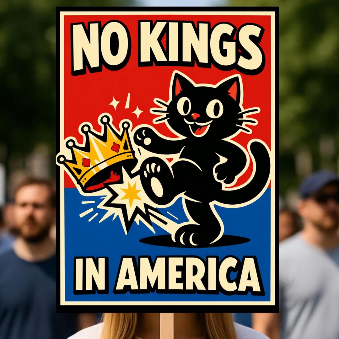 No Kings in America Protest Poster, Cute Black Cat Kicking Crown Sign ...