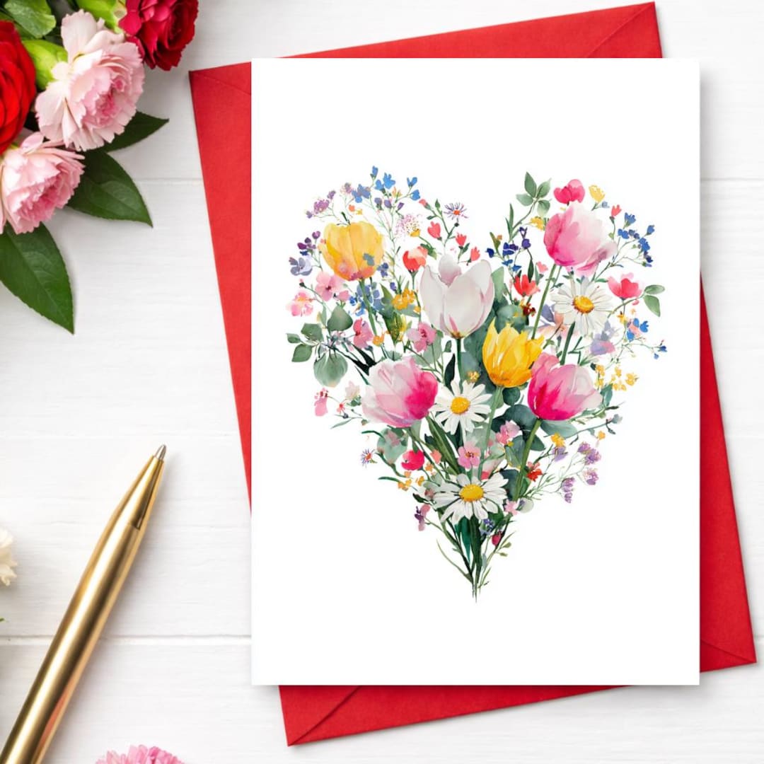 Floral Heart Card, Watercolor Flower Bouquet Love Card, Romantic ...