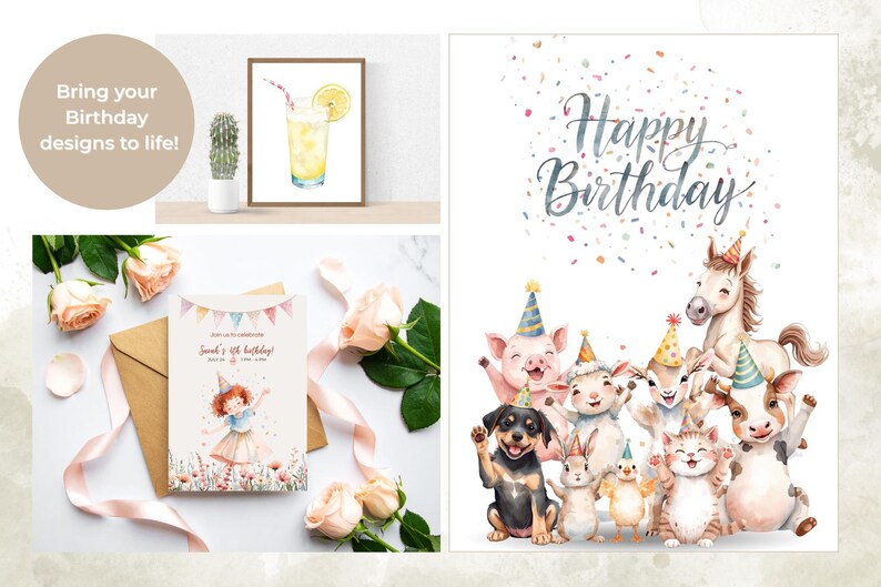 50 PNG Watercolor Birthday Clipart Set | Party Illustrations | Pastel ...