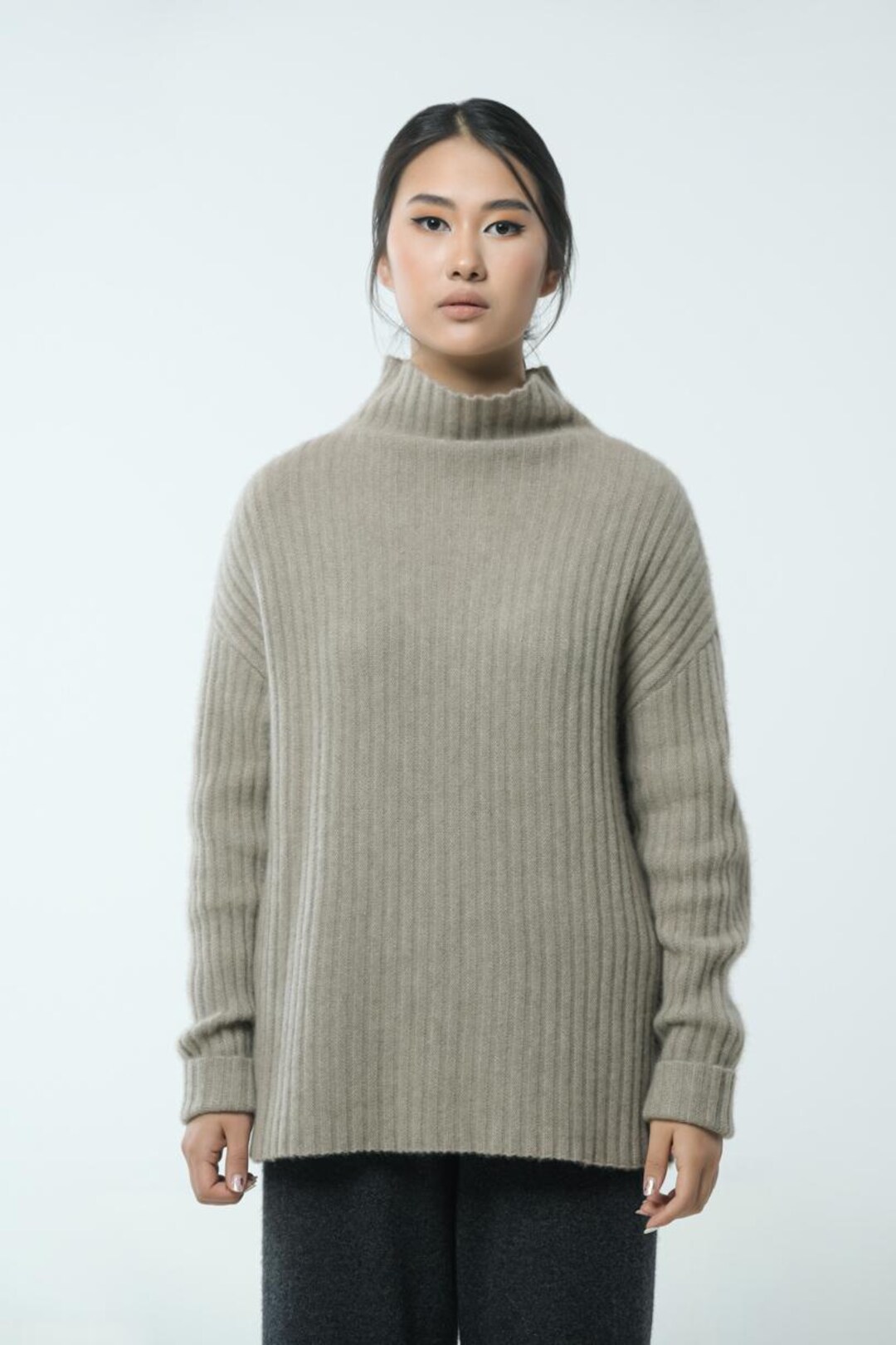 Mongolian Organic Cashmere Rib Knit Wide Turtleneck Sweater, Winter ...