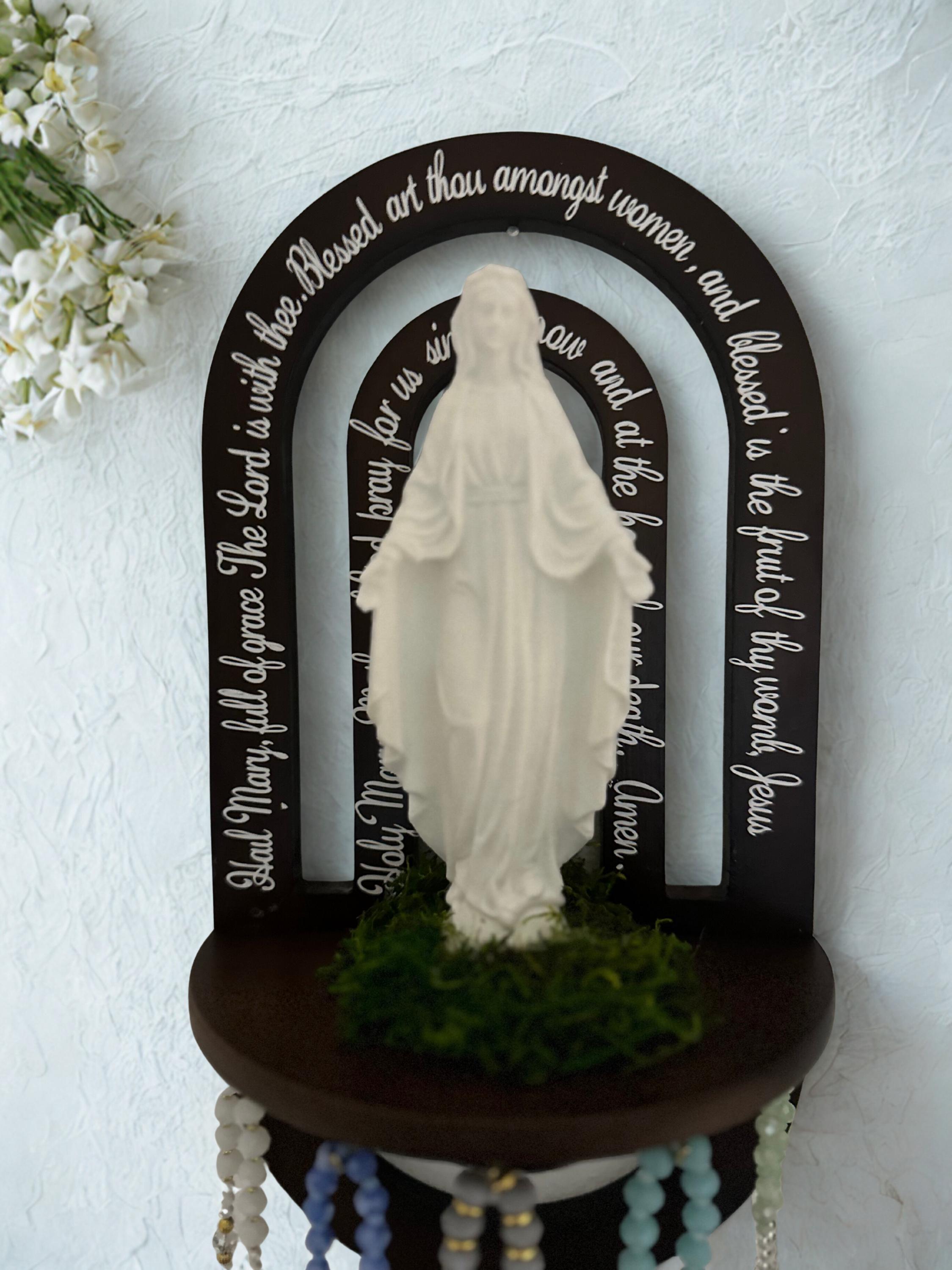 Rosary Holder With Virgin Mary Statue • Hail Mary Prayer Wall Shelf ...