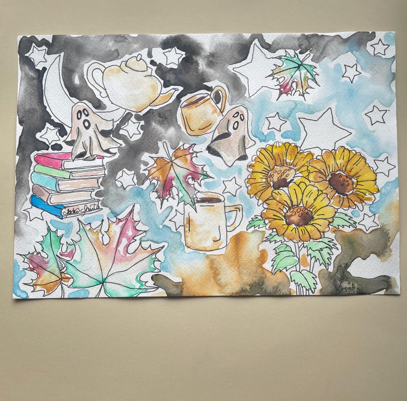 Watercolor Halloween Ghost Painting: Celestial Sunflowers & Books - Etsy