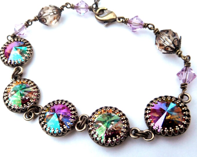 Bezel Set Crystal Bracelet Antiqued Brass, Pastel Rhinestones, Multi ...