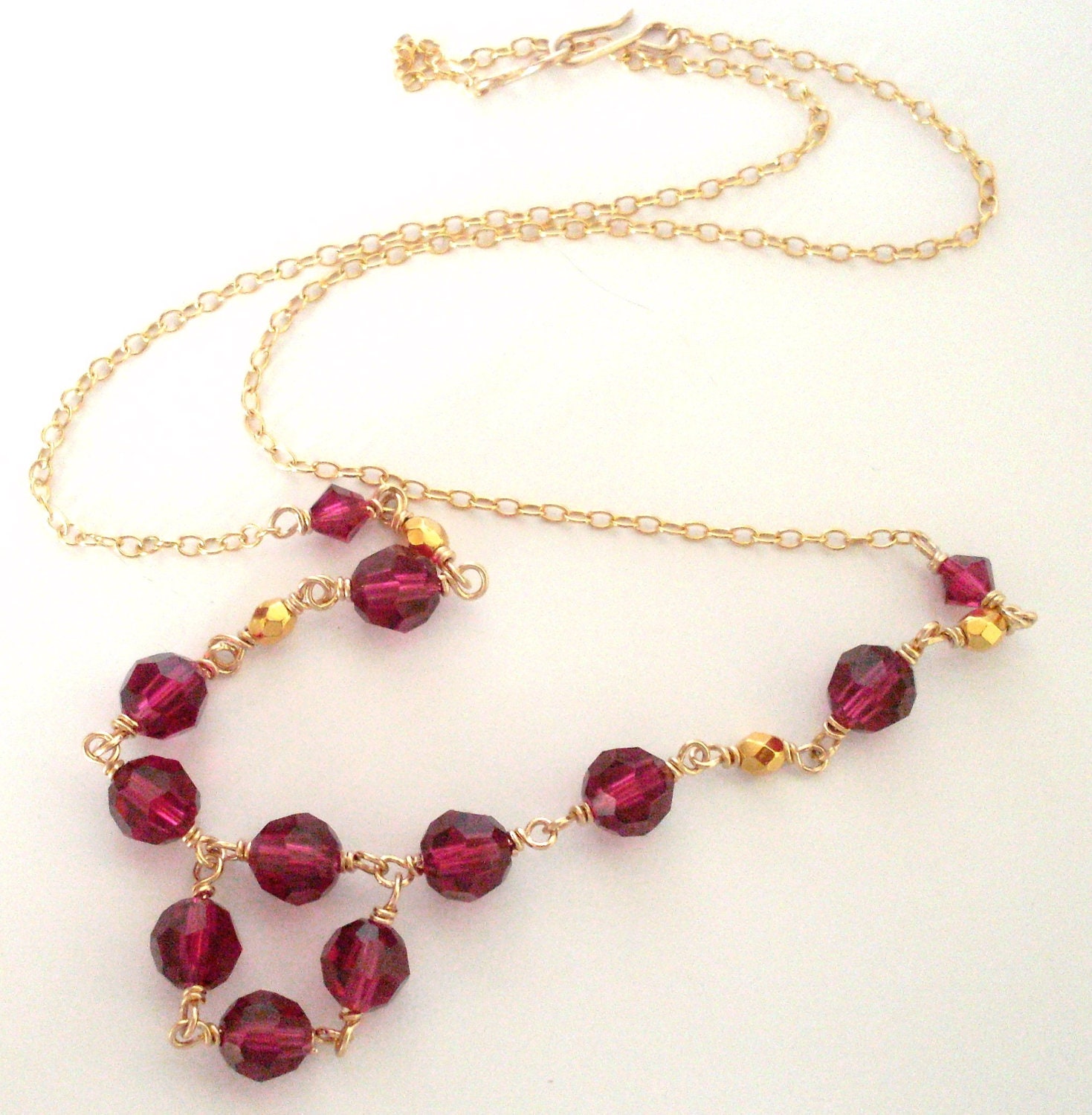 Red Crystal Necklace, Ruby Color Bead Link Necklace, 14k Gold Fill ...