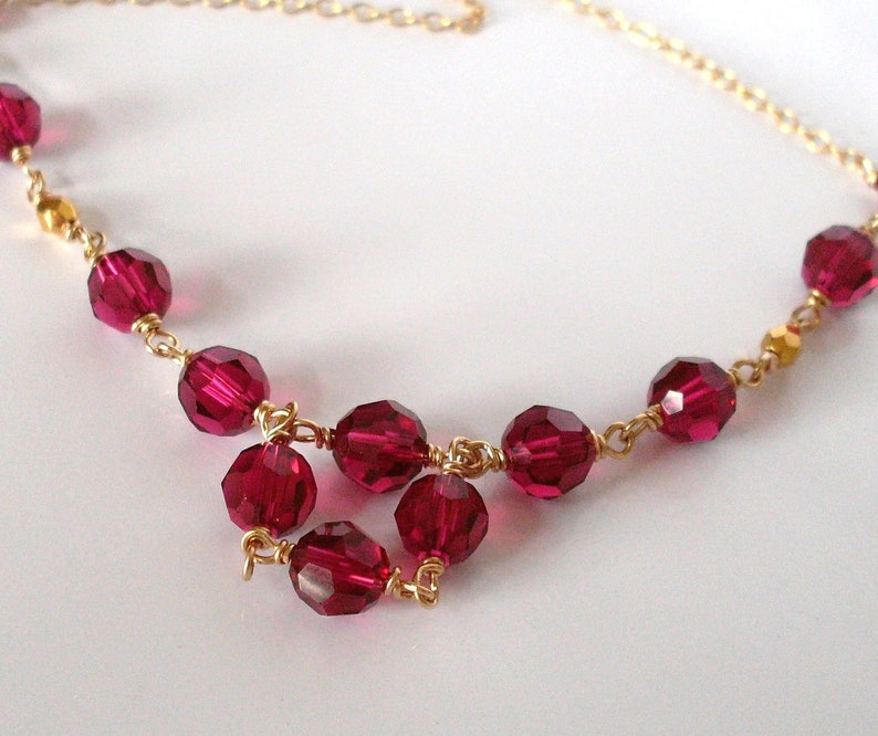 Red Crystal Necklace, Ruby Color Bead Link Necklace, 14k Gold Fill ...