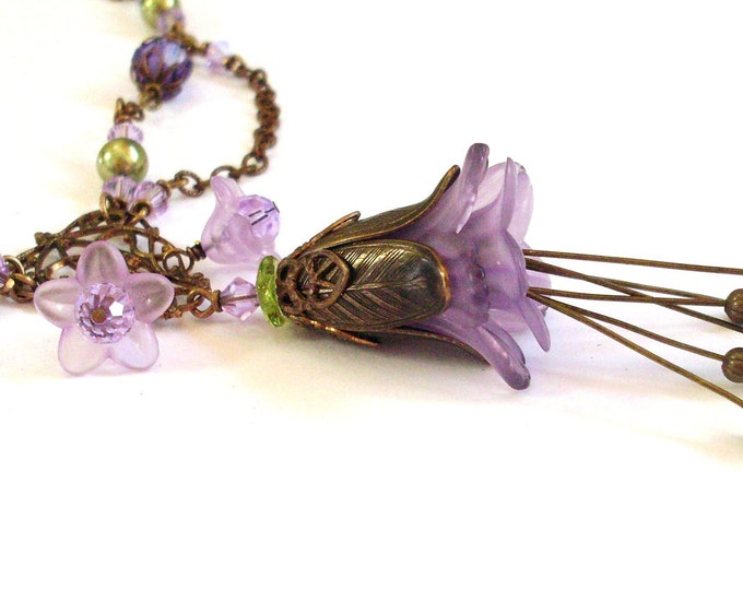 Lucite Flower Necklace Purple Antique Brass Mauve Layered Etsy