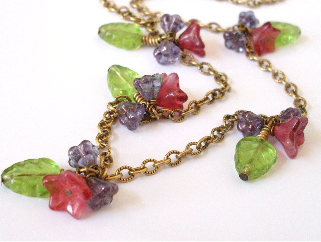 Flower Leaf Necklace, Colorful Posies, Bead Drop Chain Necklace, Red ...