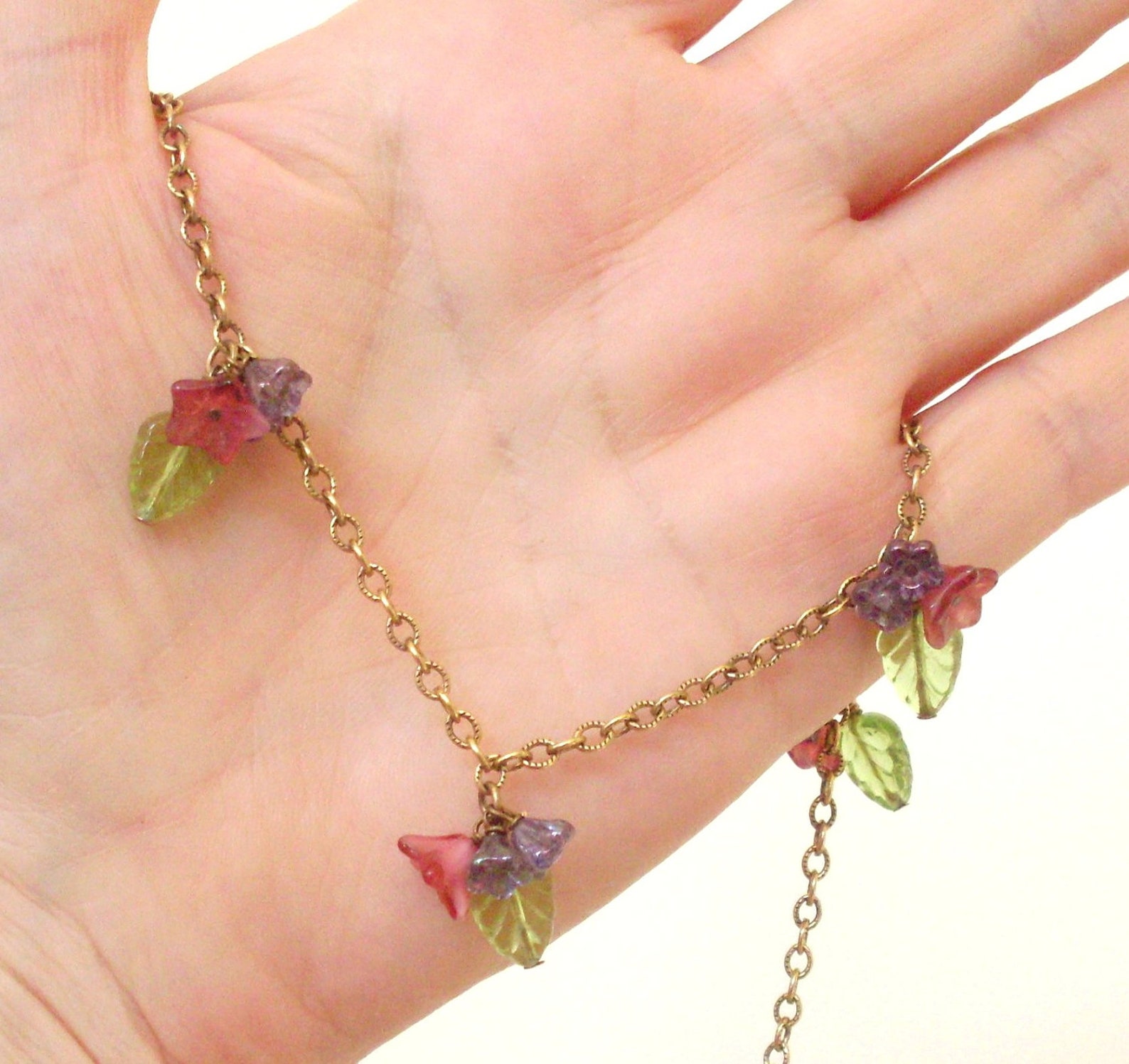 Flower Leaf Necklace, Colorful Posies, Bead Drop Chain Necklace, Red ...
