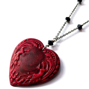 Large Red Heart Pendant Long Chain Necklace, Victorian Style Clay Heart ...