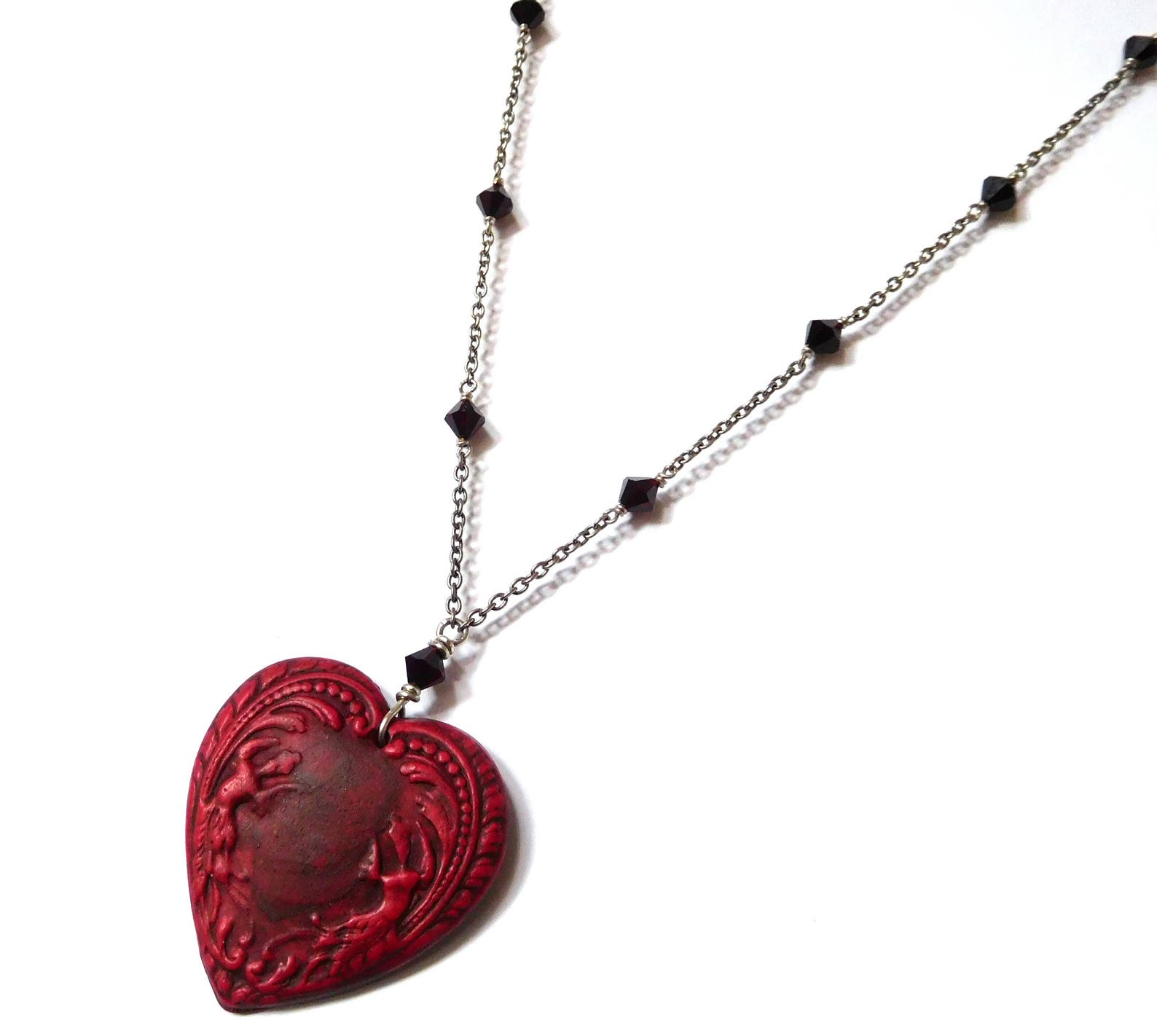 Large Red Heart Pendant Long Chain Necklace Victorian Style - Etsy