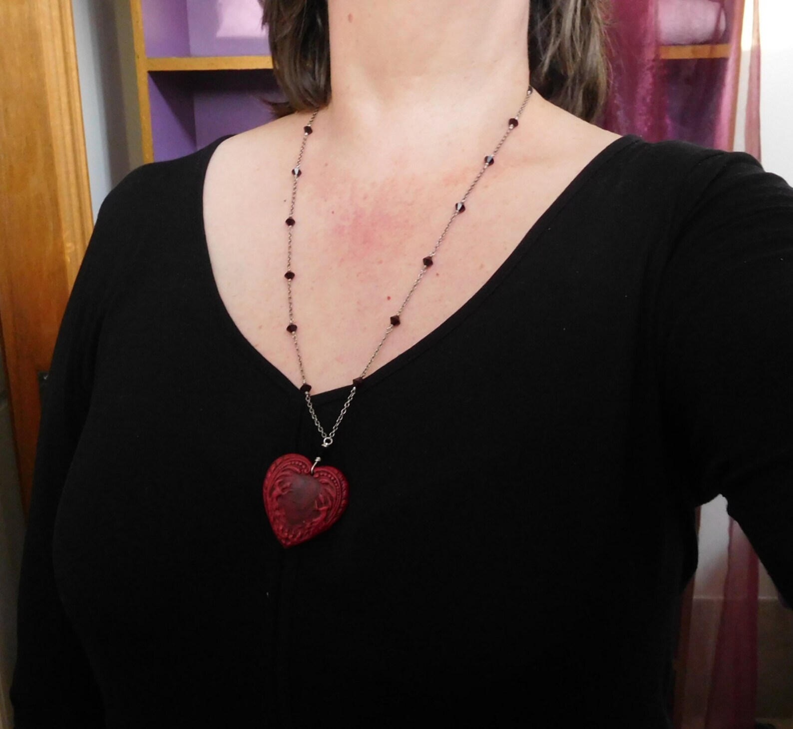 Large Red Heart Pendant Long Chain Necklace Victorian Style - Etsy